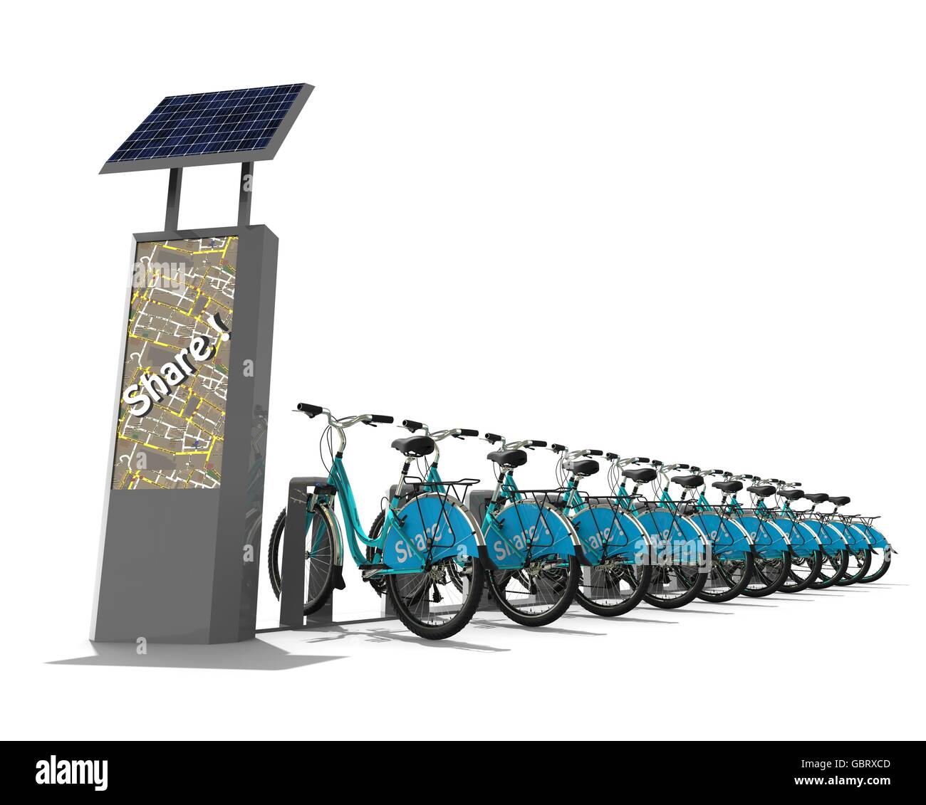 3D render image representing a bike station concept with maps and solar ...