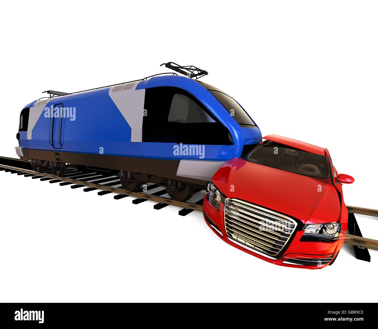 3D render image representing a train accident. A blue train crashing a ...