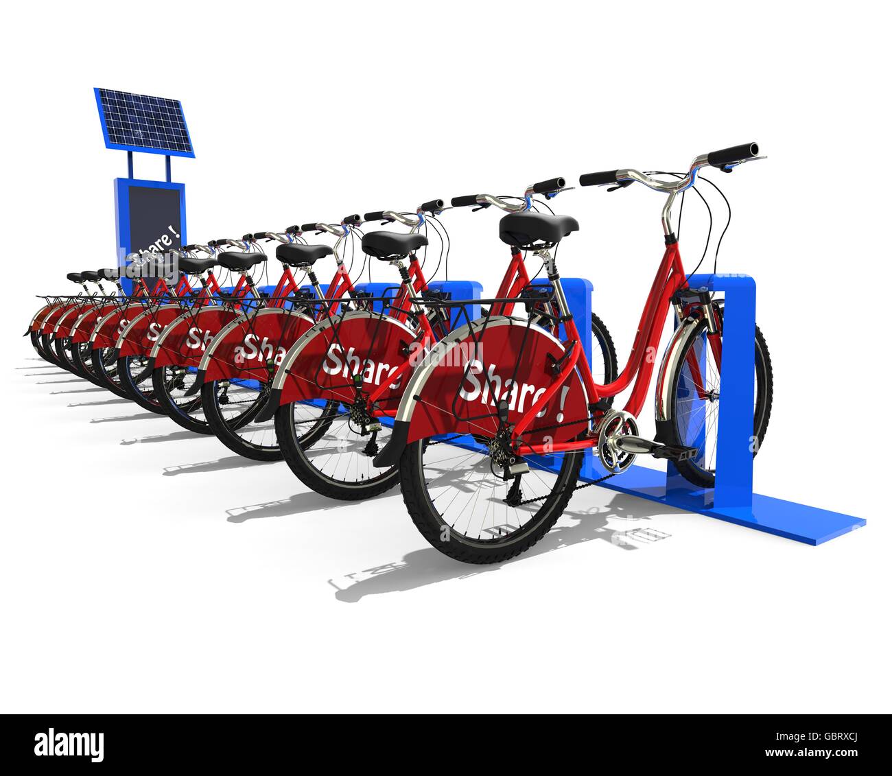 3D render image of a row of bicycle locked in to a bike sharing station ...