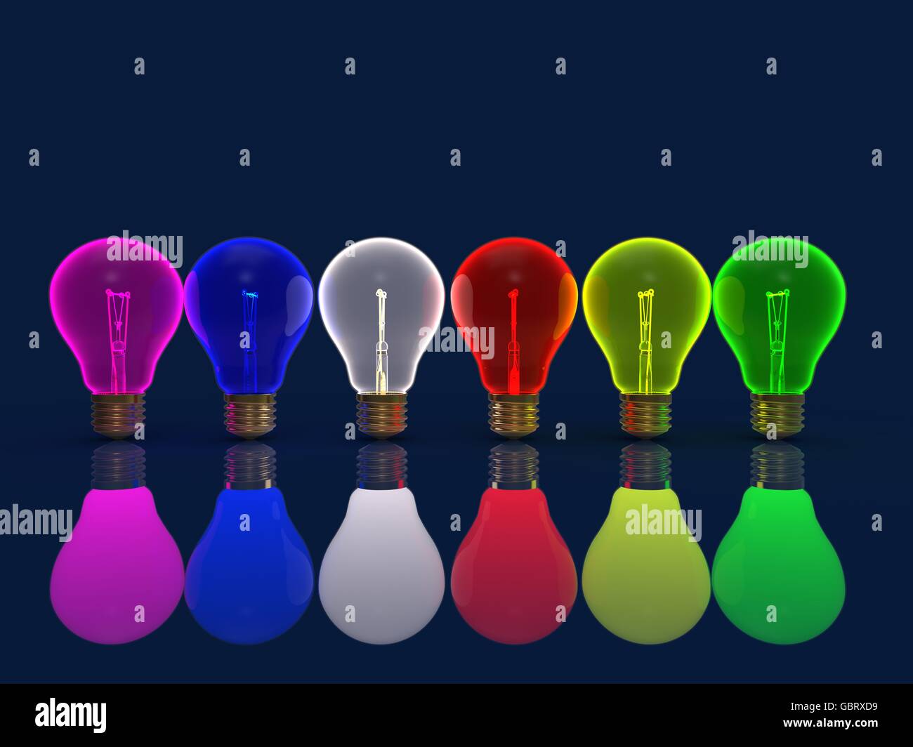 3D render image of a row of different color light bulbs representing ...