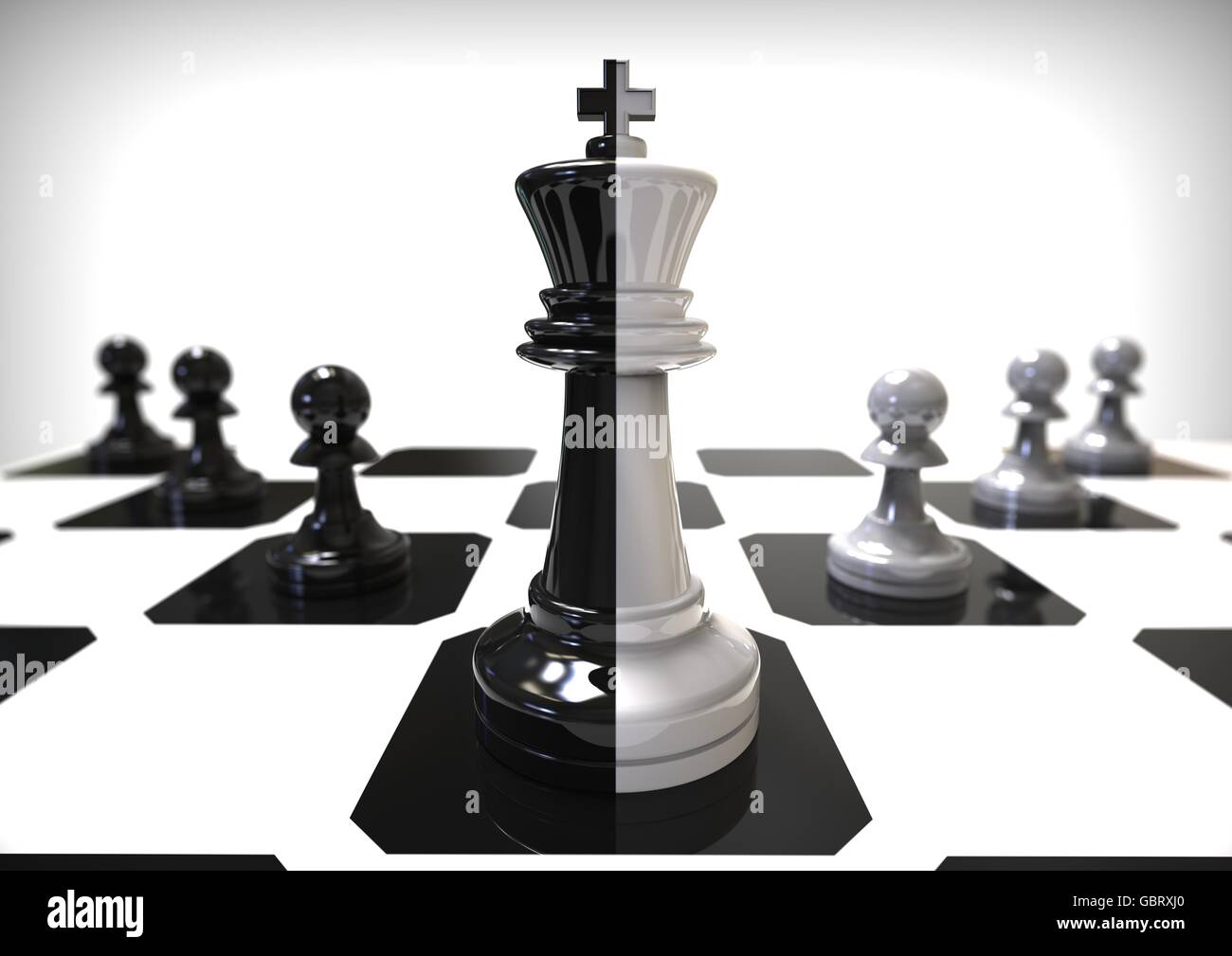 3D render image representing a chess board with different color pawns ...