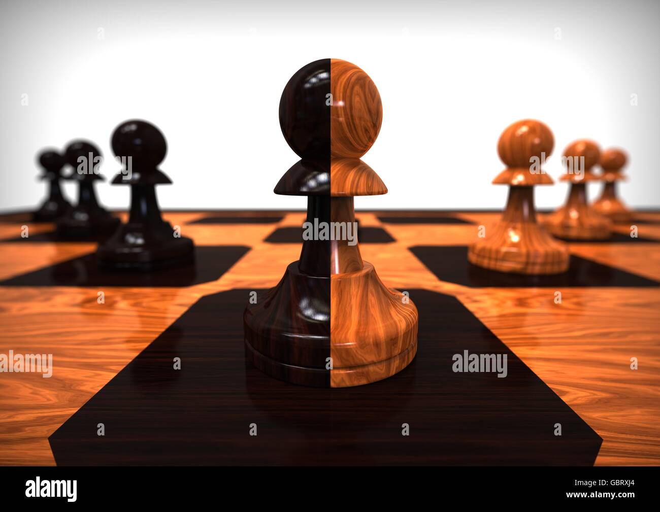 3D render image representing a chess board with different color pawns ...