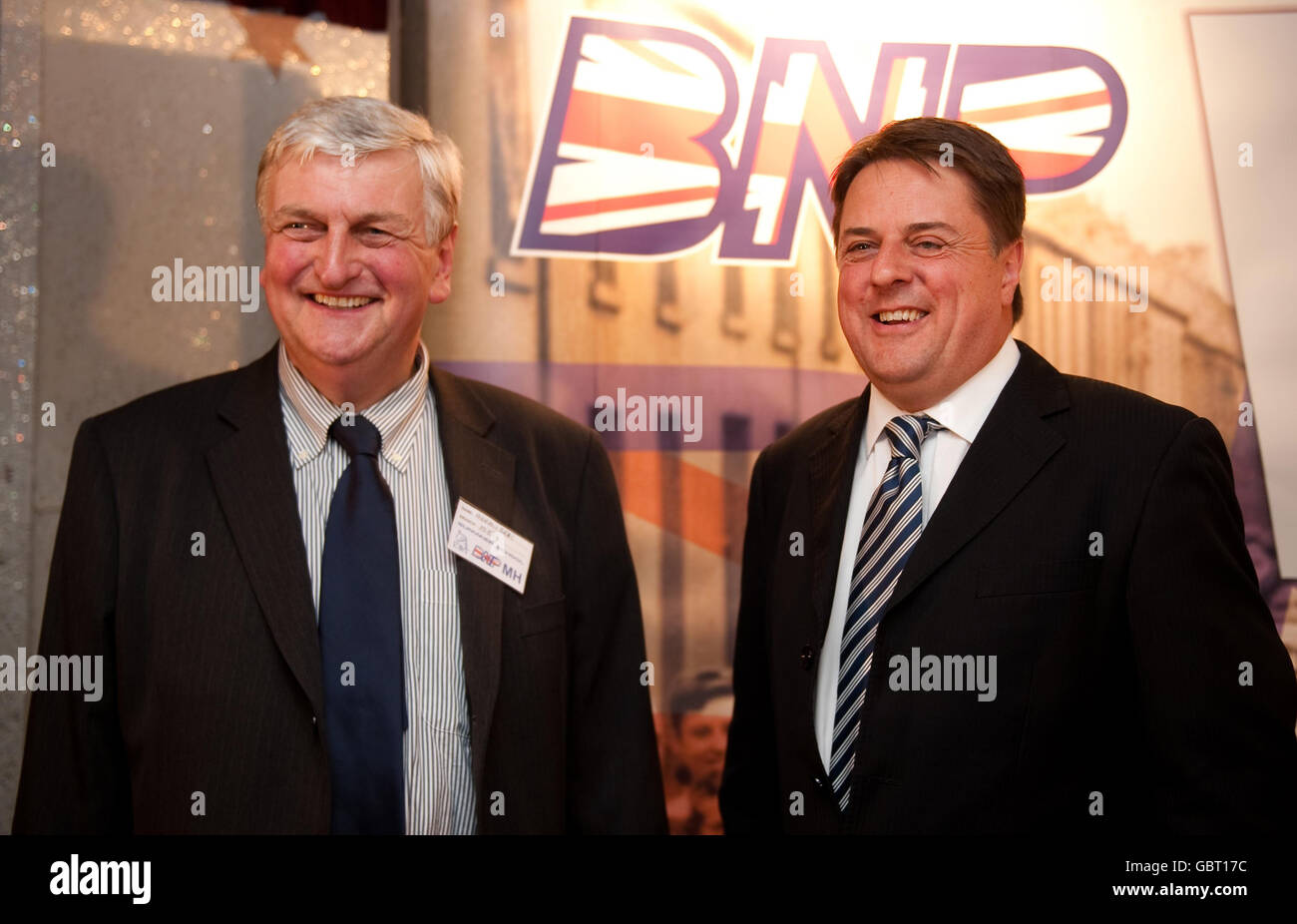 BNP Party leader Nick Griffin (right) and and MEP Andrew Brons pose for ...