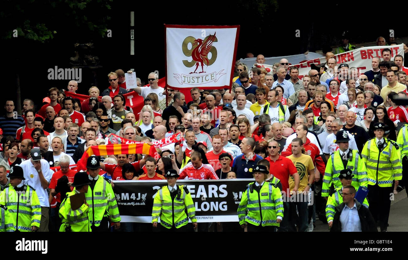 A protest march supporting the families of the 96 fans who died in the ...