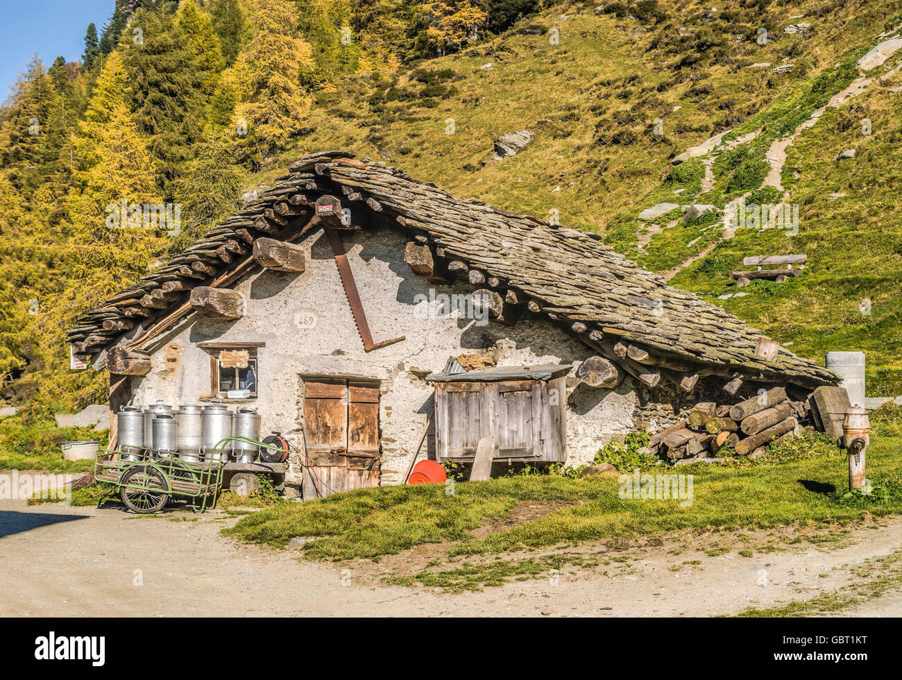 Goat barn in the traditional Swiss Village Isola at the Lake Sils ...