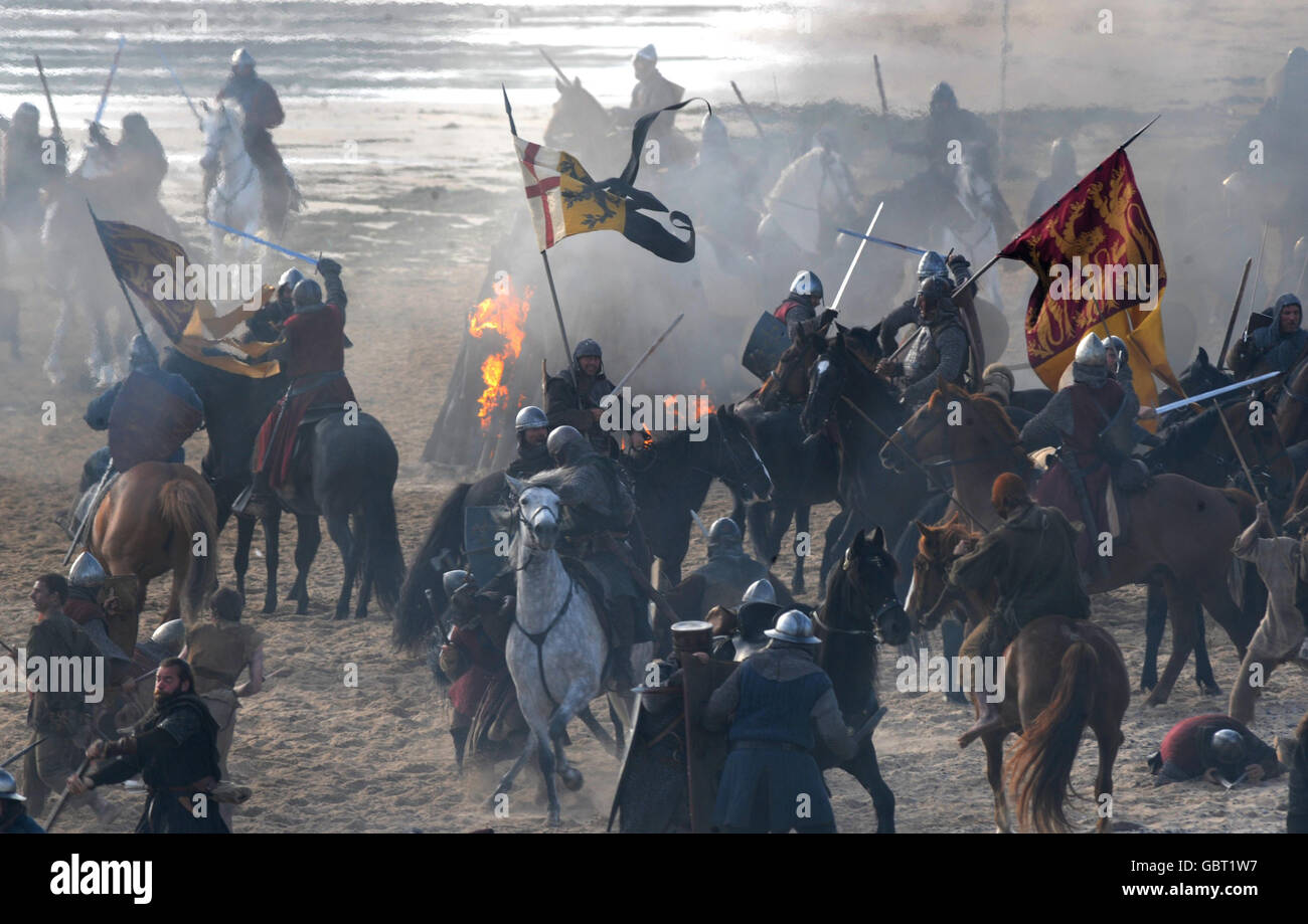 A battle scene is filmed on Freshwater West beach in Pembrokshire ...