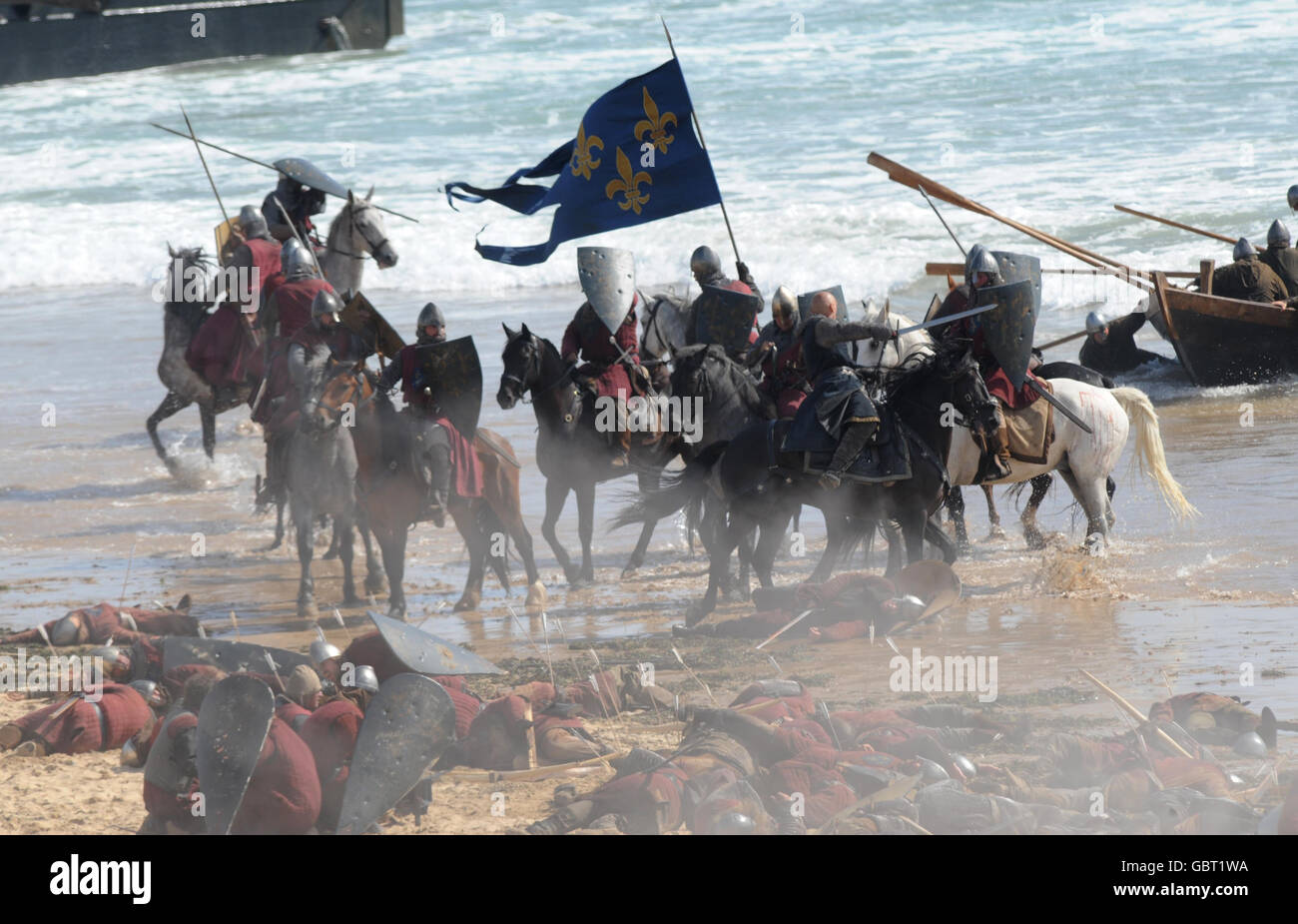 A battle scene is filmed on Freshwater West beach in Pembrokshire ...