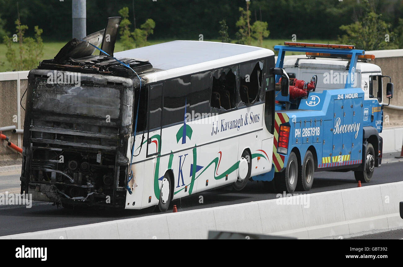 School children's bus catches fire. The scene where a bus carrying ...