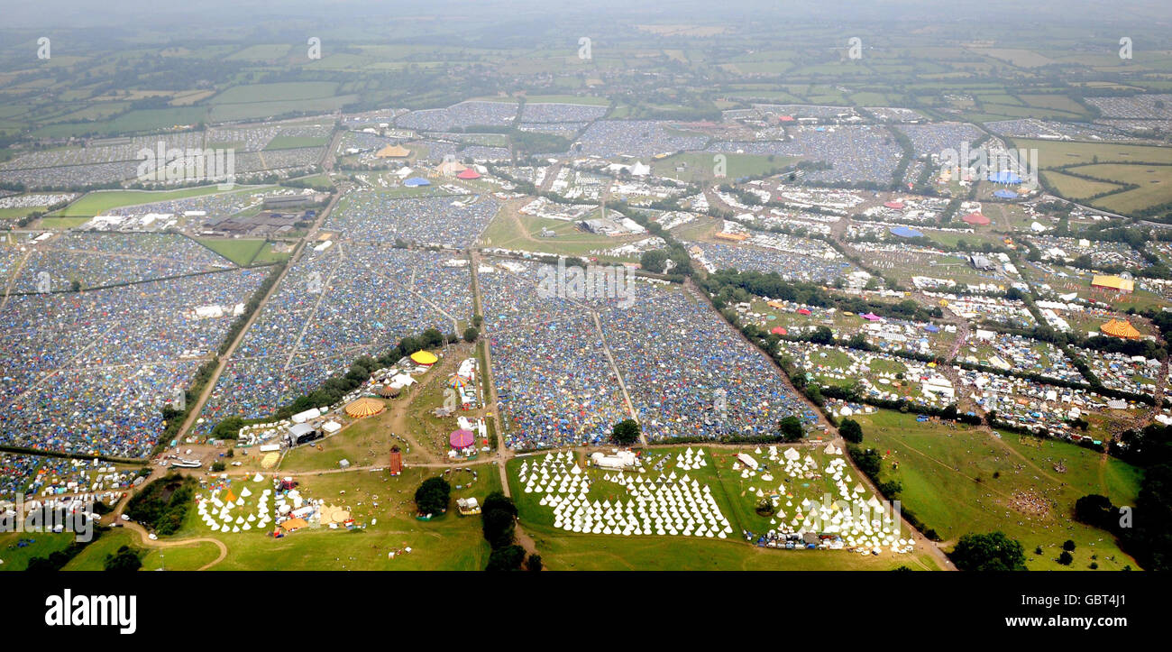 Aerial view of the 2009 Glastonbury Festival at Worthy Farm in Somerset ...