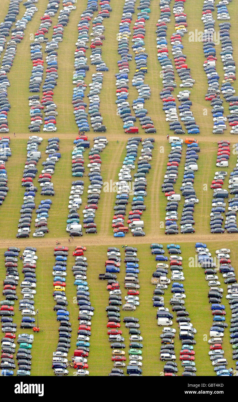 Aerial view of the 2009 Glastonbury Festival at Worthy Farm in Somerset ...