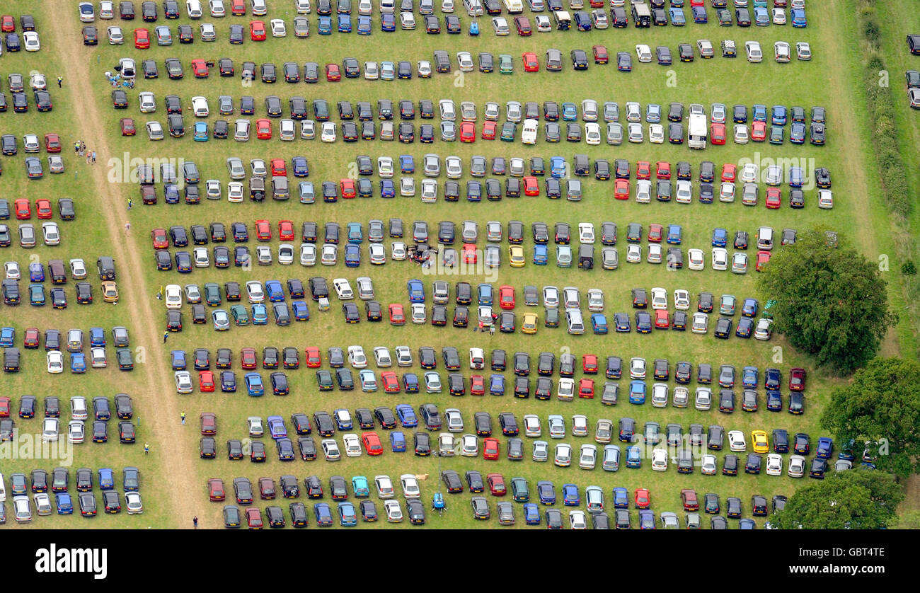 Aerial view of the 2009 Glastonbury Festival at Worthy Farm in Somerset ...
