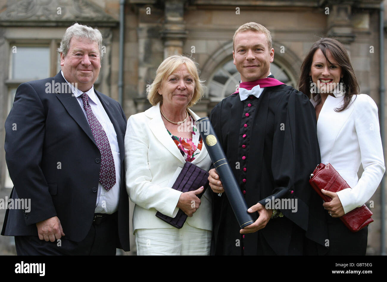 Olympic cycling champion Sir Chris Hoy with fiancee Sarra Kemp(r) and ...