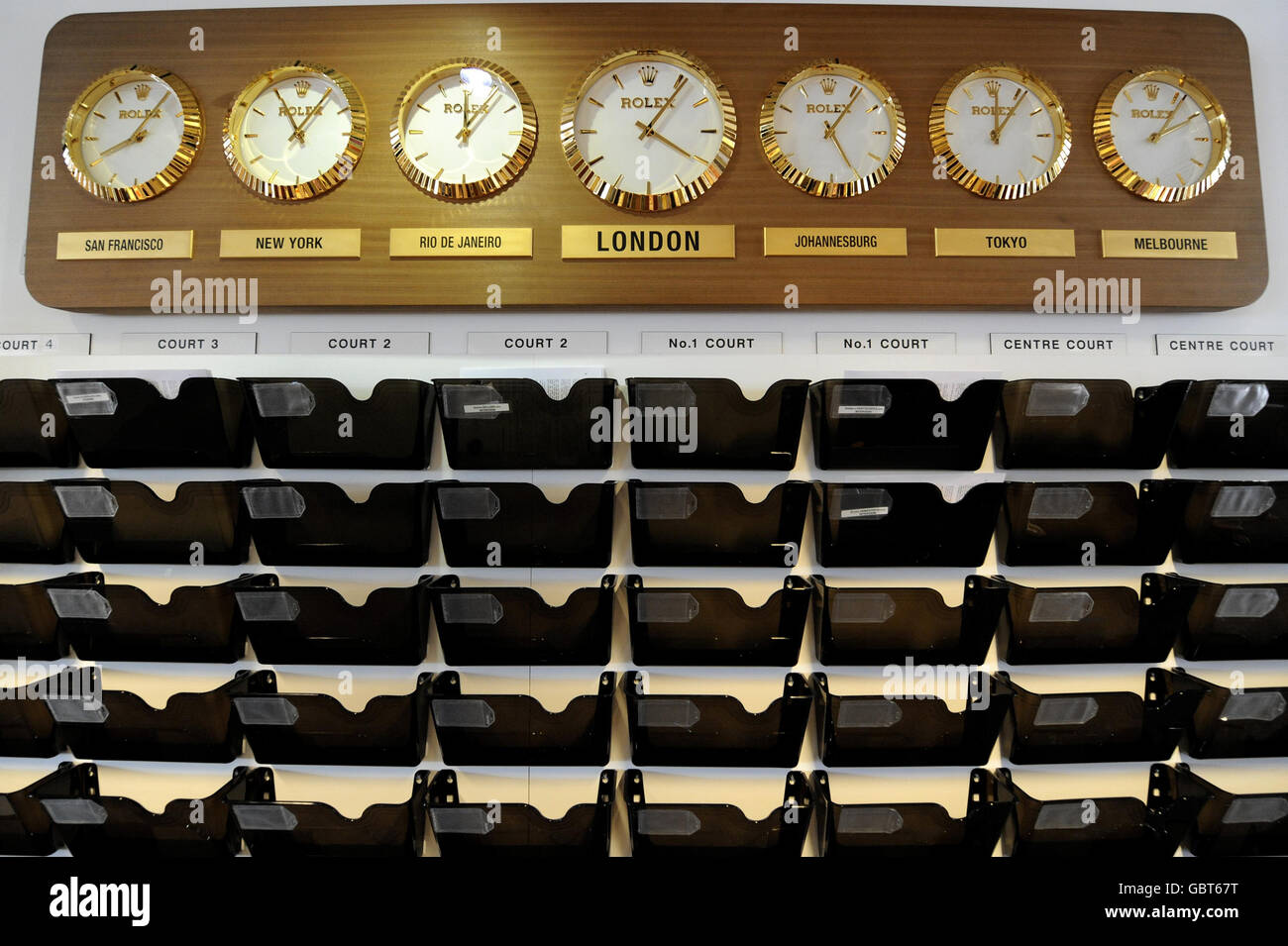 A view of clocks displaying world time in the written press centre ...
