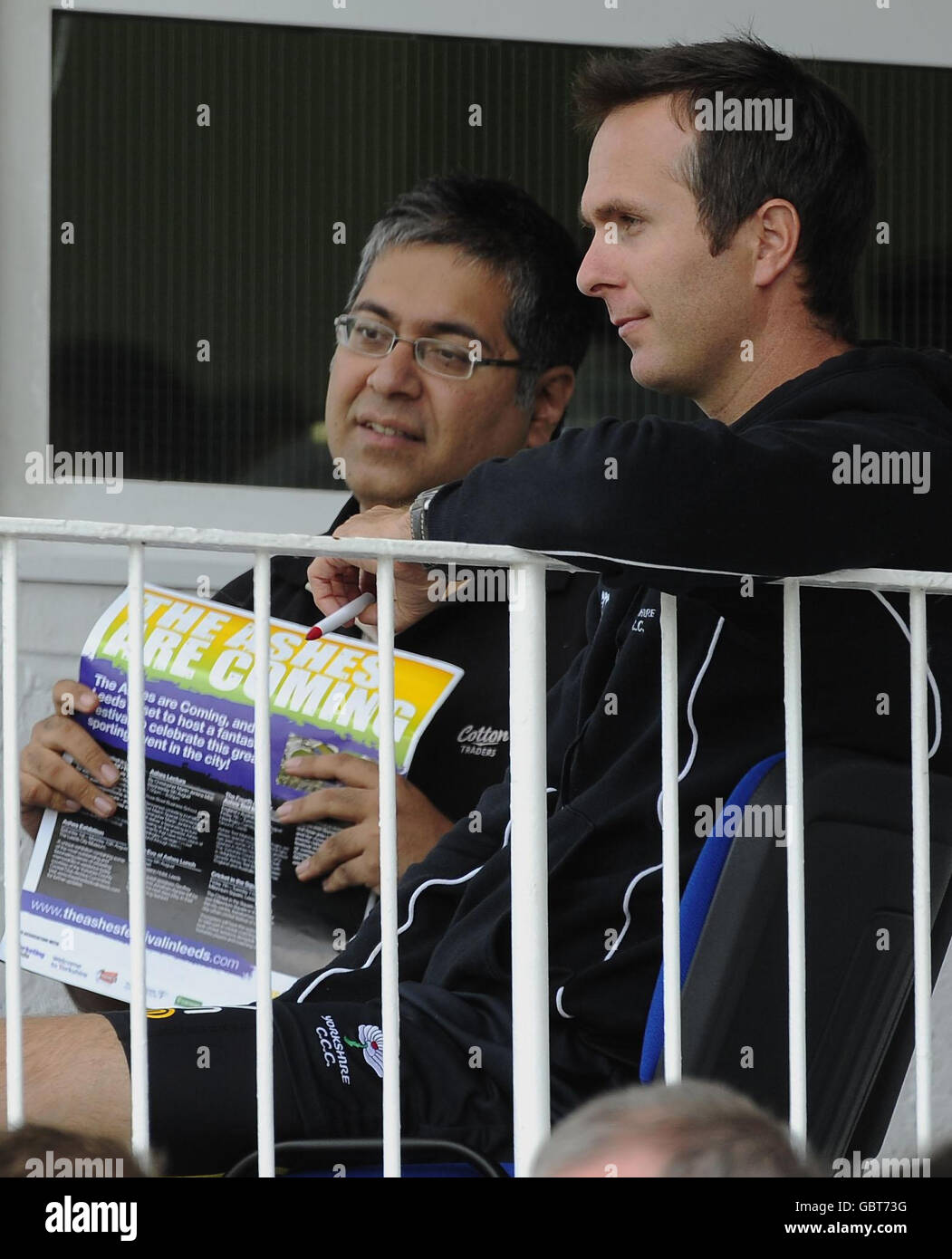 Former England Cricket Captain Michael watches from the players balcony ...