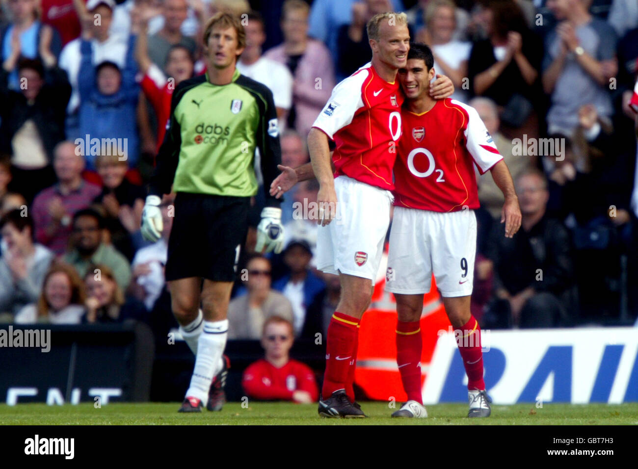 Arsenals dennis bergkamp celebrates scoring the 3rd goal hi-res stock ...