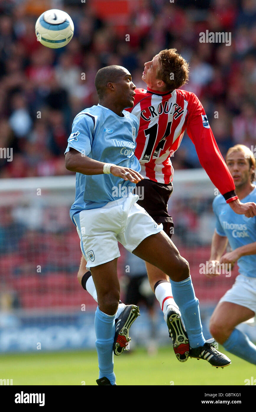 Southampton's Peter Crouch and Manchester City's Sylvain Distin battle ...