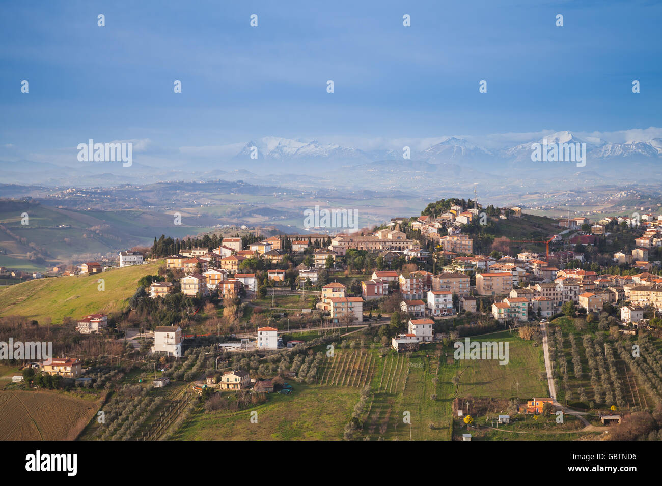 Italian countryside landscape. Province of Fermo, Italy. Village on a ...
