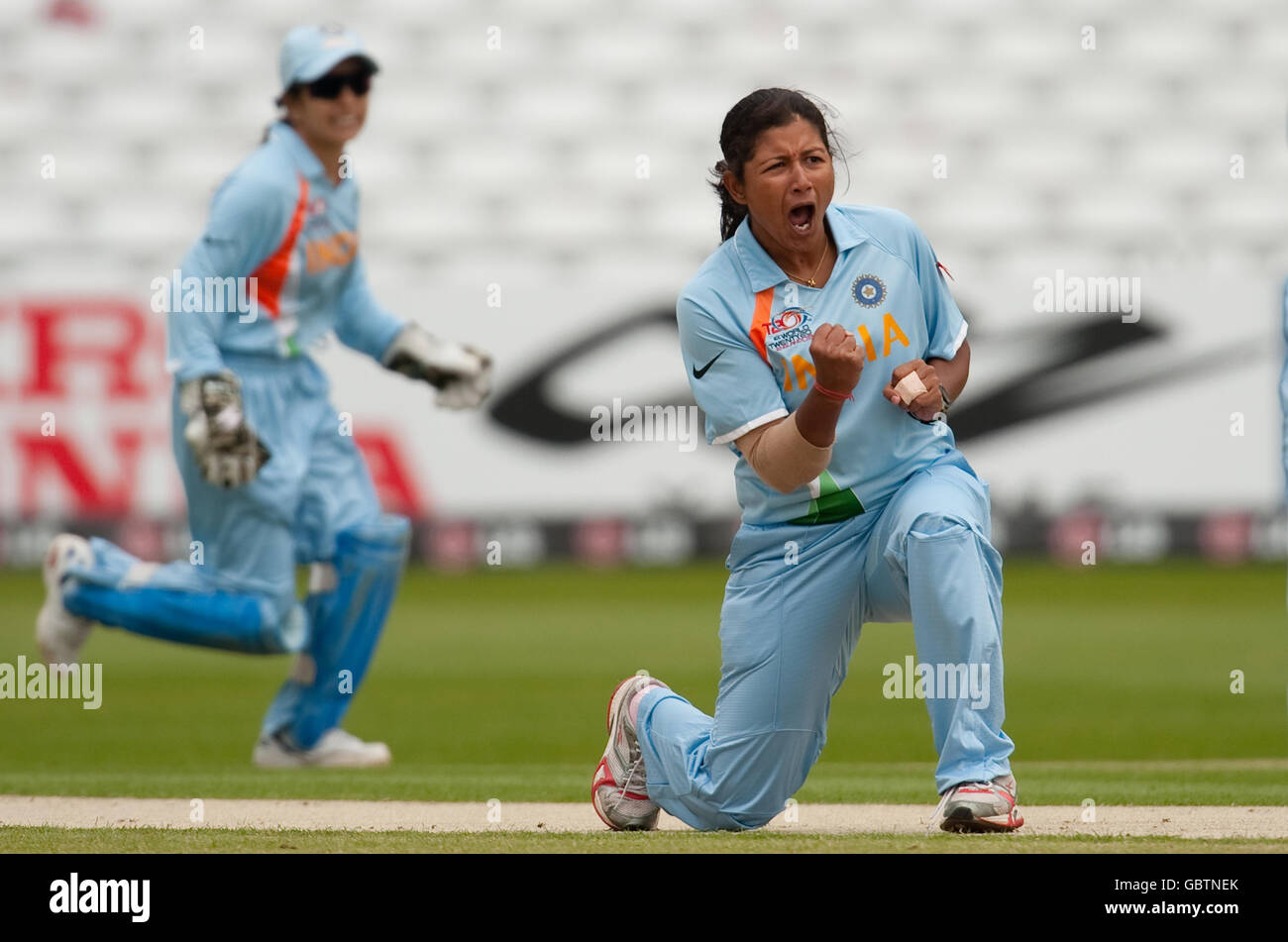 India's Rumeli Dhar celebrates dismissing New Zealnd's Lucy Doolan ...