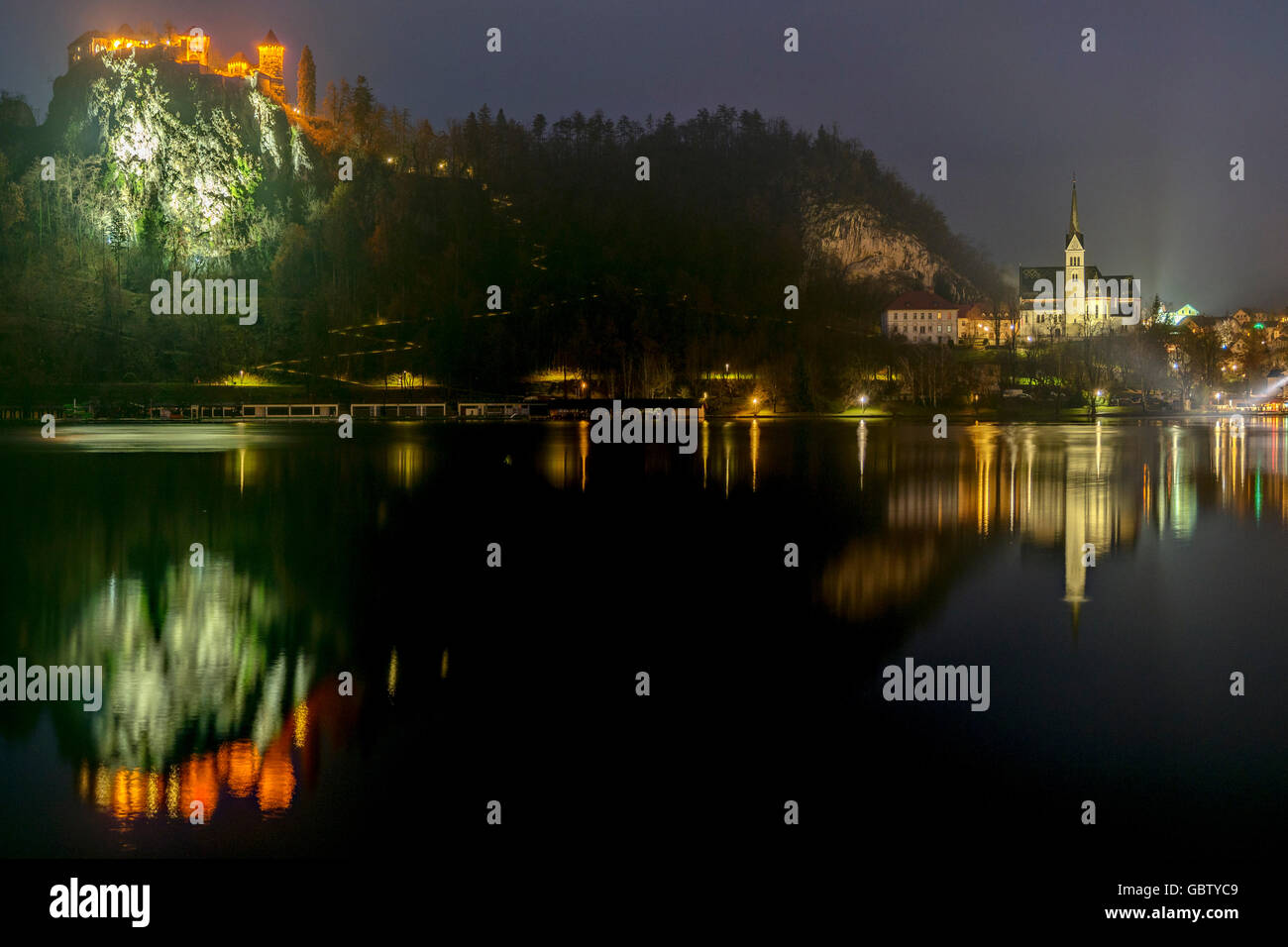 Slovenia, Bled Lake, Bled Castle and town by night Stock Photo - Alamy