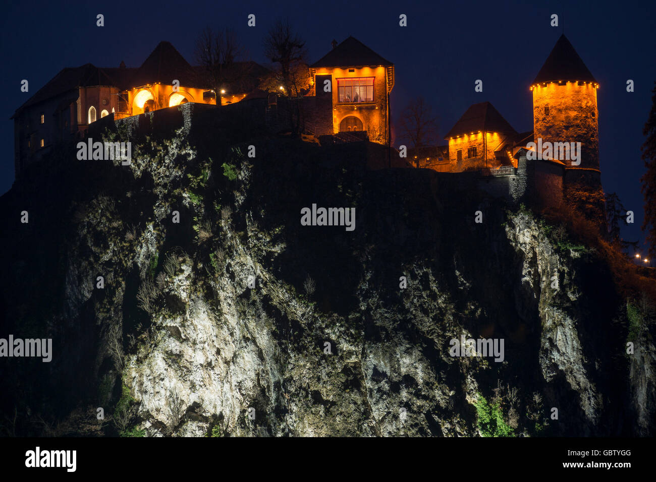 Slovenia, Bled Lake and castle by night Stock Photo - Alamy