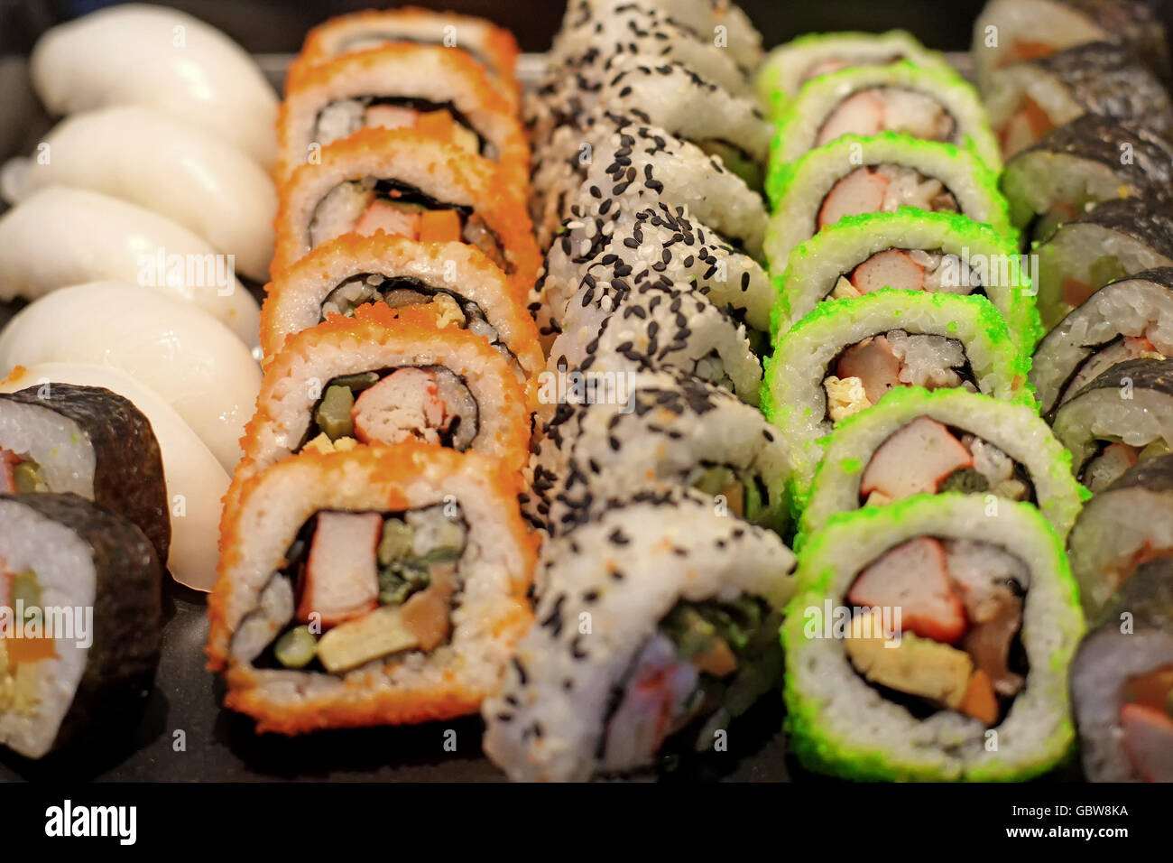 closeup of sushi rolls traditional japanese food Stock Photo - Alamy