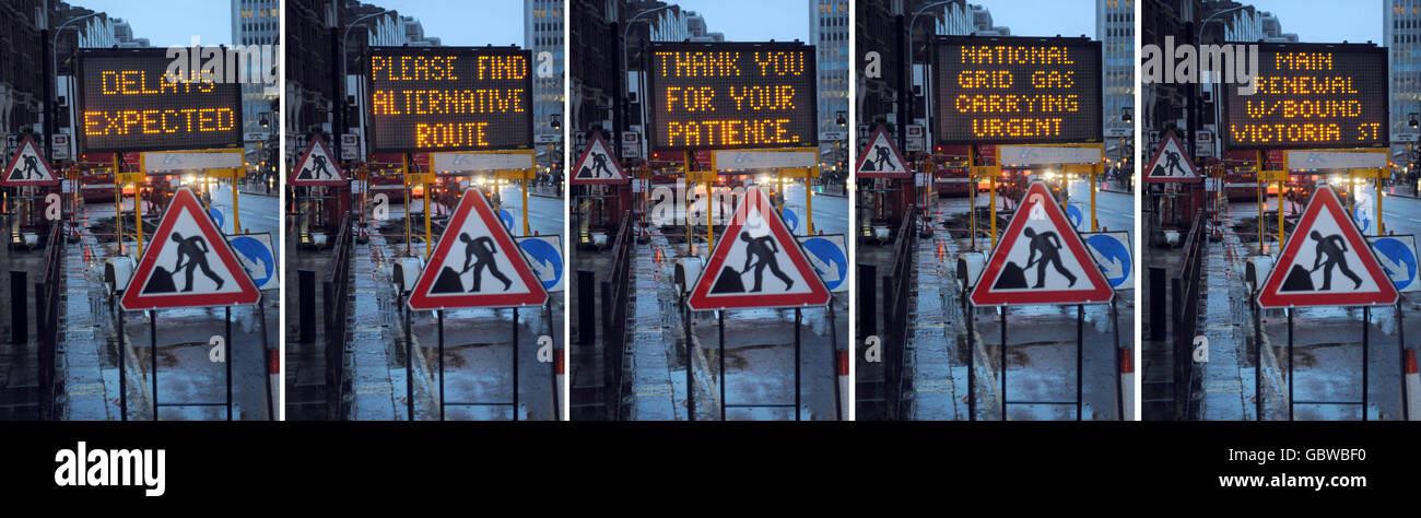Composite of illuminated road works signs, in Victoria Street Stock ...