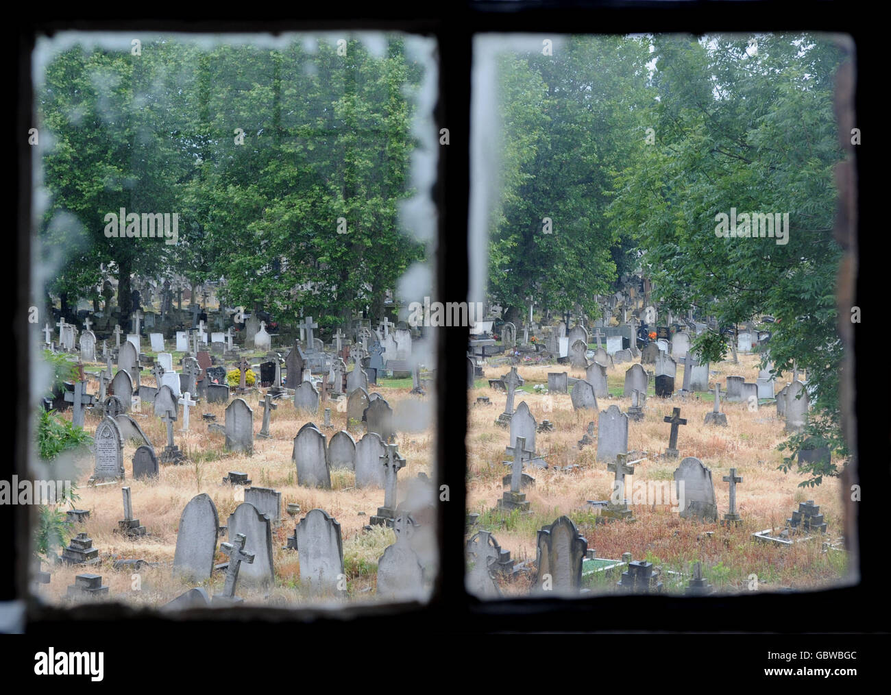 General view of Kensal Green Cemetery as seen through a window Stock ...