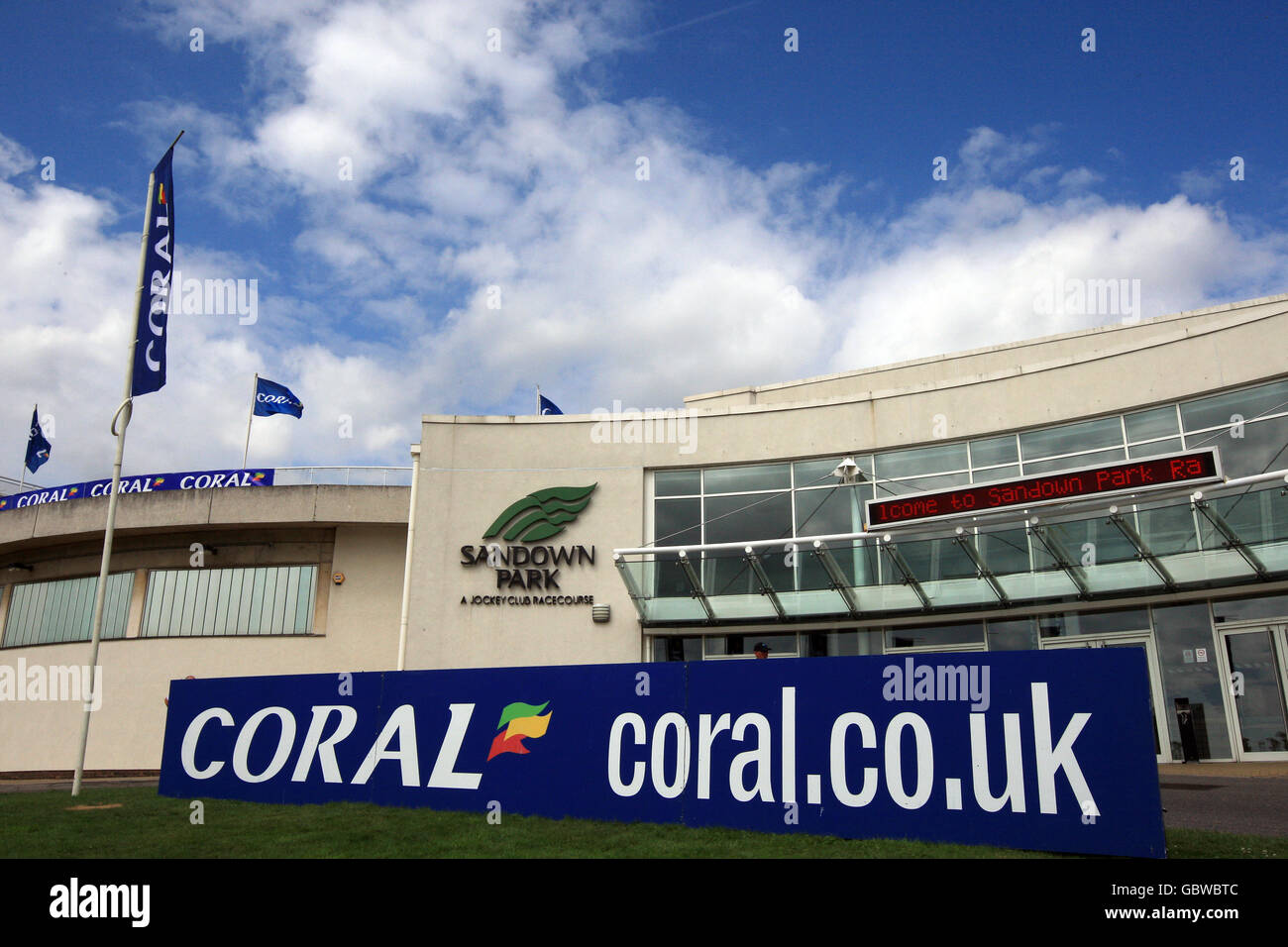 Coral signage by the Main Entrance during Coral Eclipse Day at Sandown ...