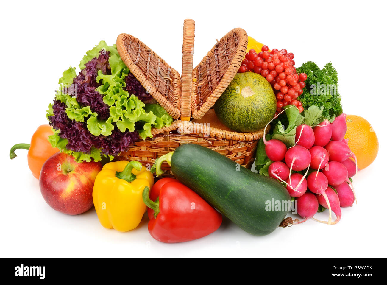 vegetables and fruits in a basket isolated on white background Stock ...