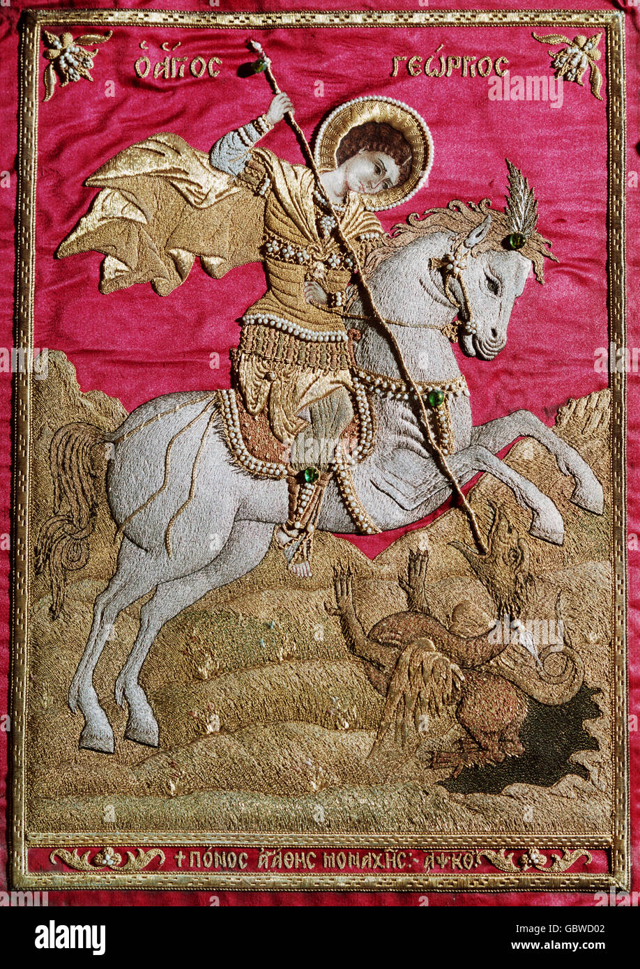 fine arts, religious art, Saint: "Saint George", embroidery ...