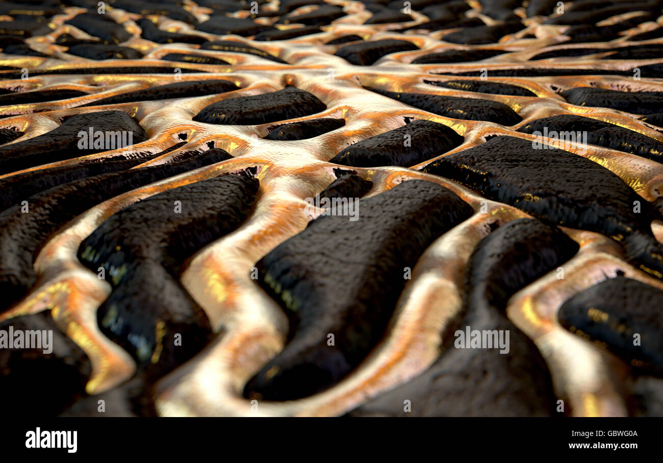 A 3D render of an abstract concept showing molten gold metal flowing ...
