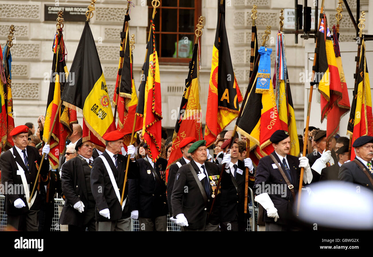 A large group of Belgian battle Flags march at the 75th anniversary of ...