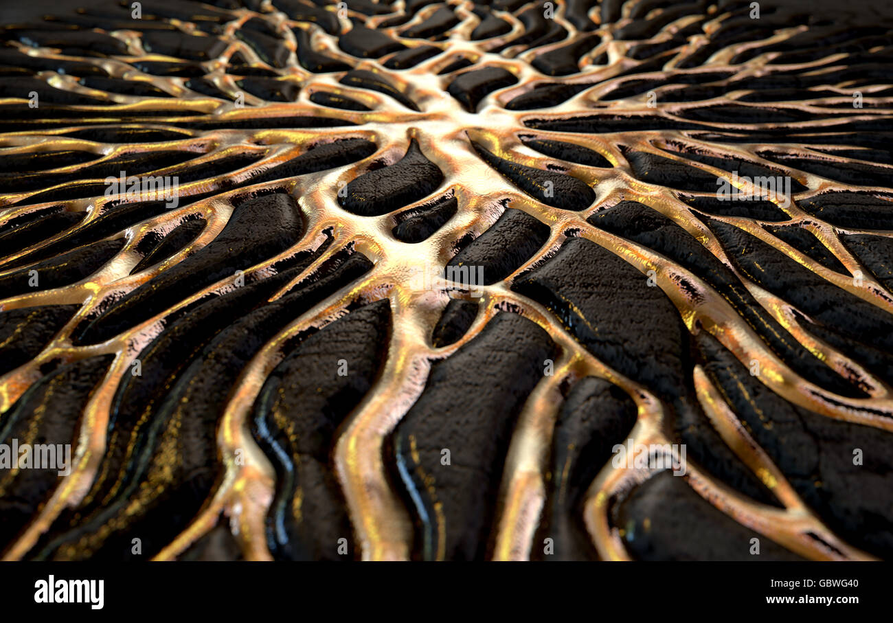A 3D render of an abstract concept showing molten gold metal flowing ...
