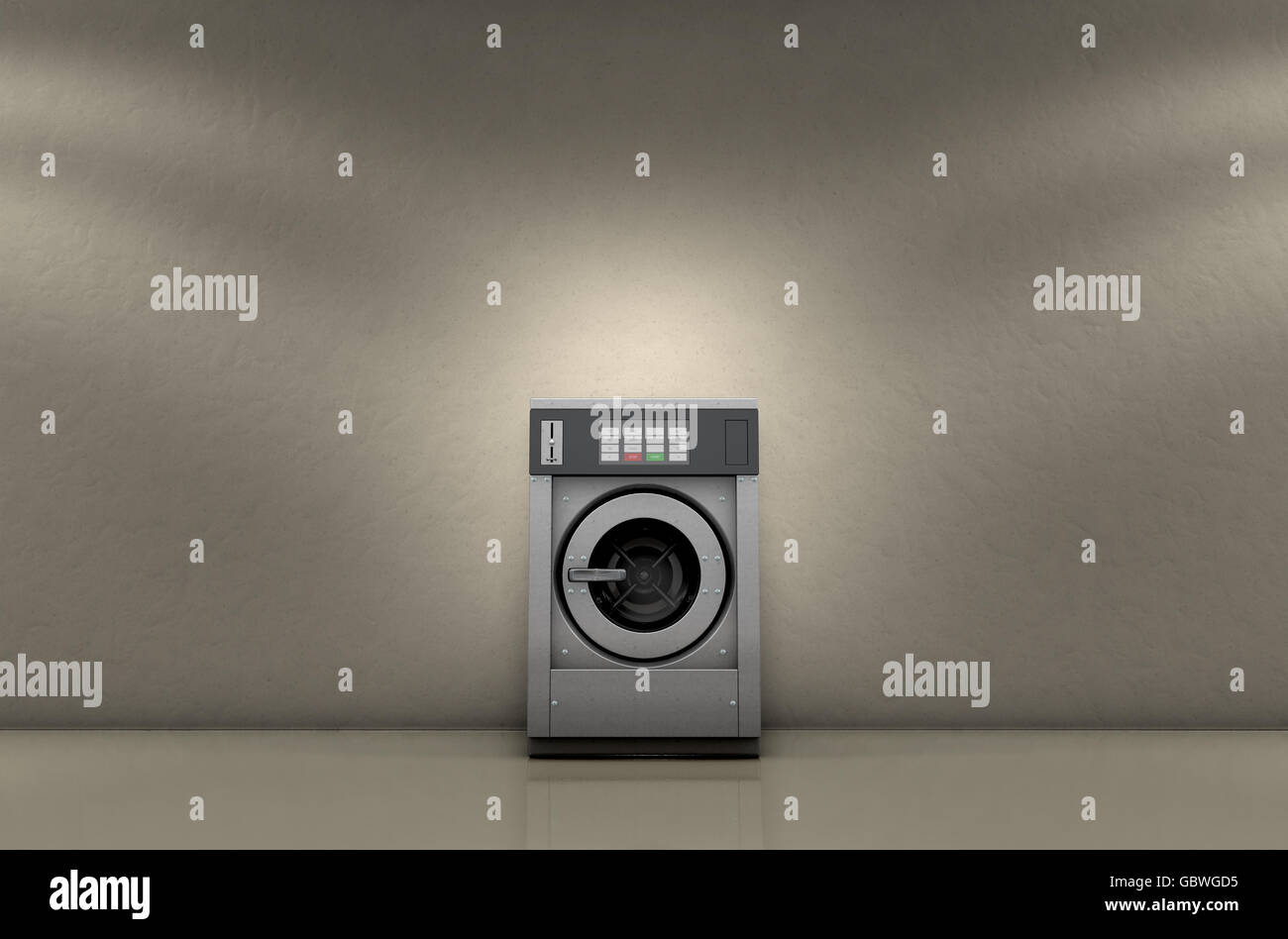 A 3D render of an empty industrial metal washing machine in an empty ...