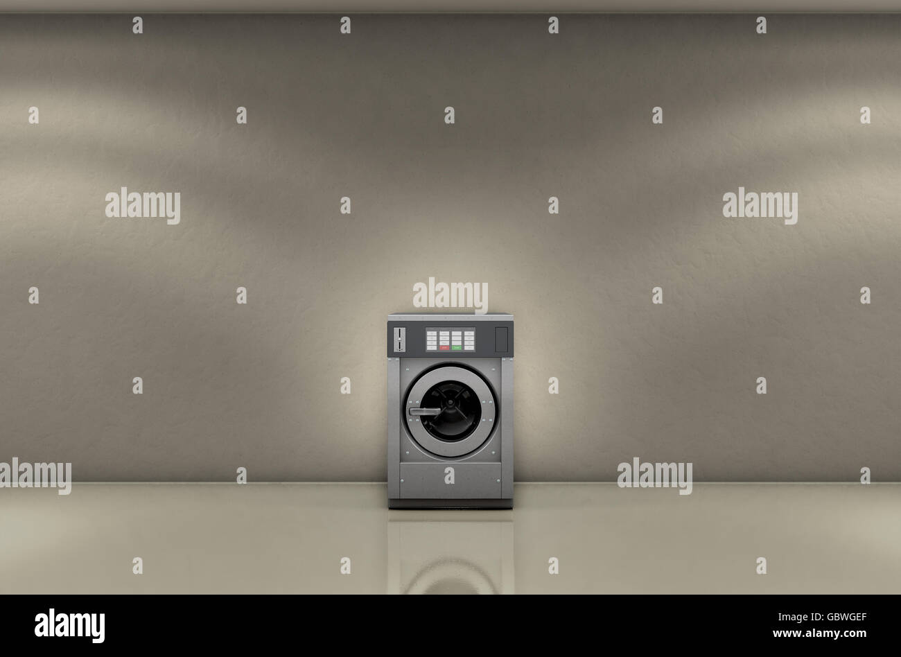 A 3D render of an empty industrial metal washing machine in an empty ...