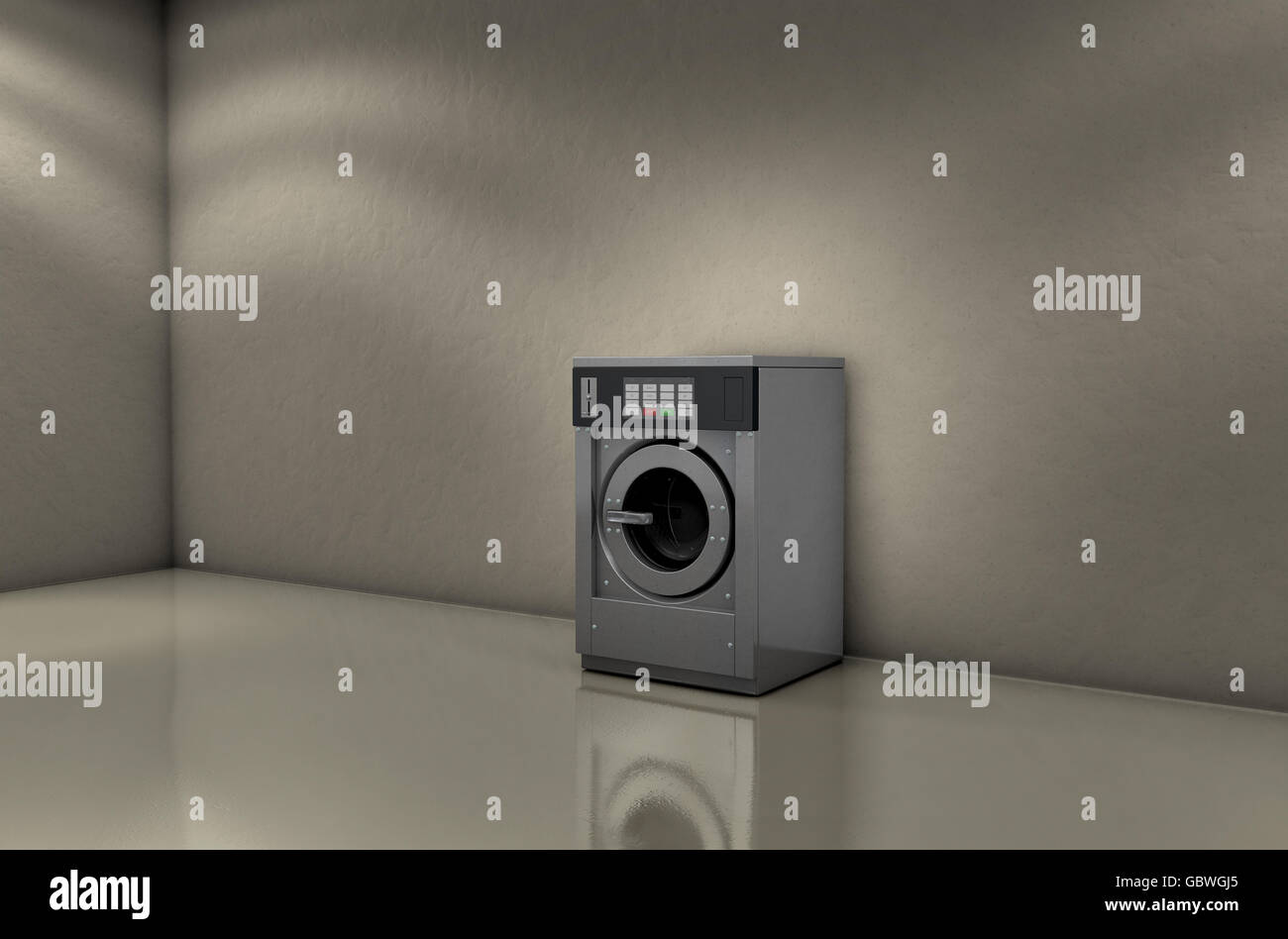 A 3D render of an empty industrial metal washing machine in an empty ...
