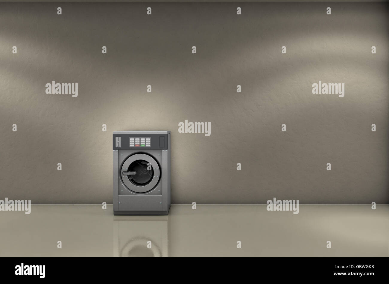 A 3D render of an empty industrial metal washing machine in an empty ...