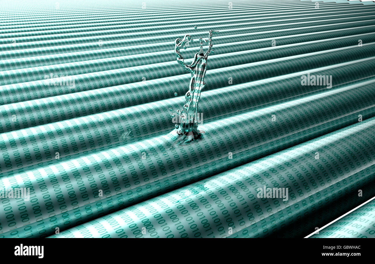 concept of leaky software, data pouring out of pipe.3d illustration ...