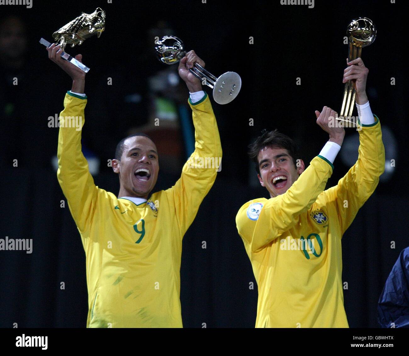 Brazils kaka celebrates with the golden ball trophy hi-res stock ...