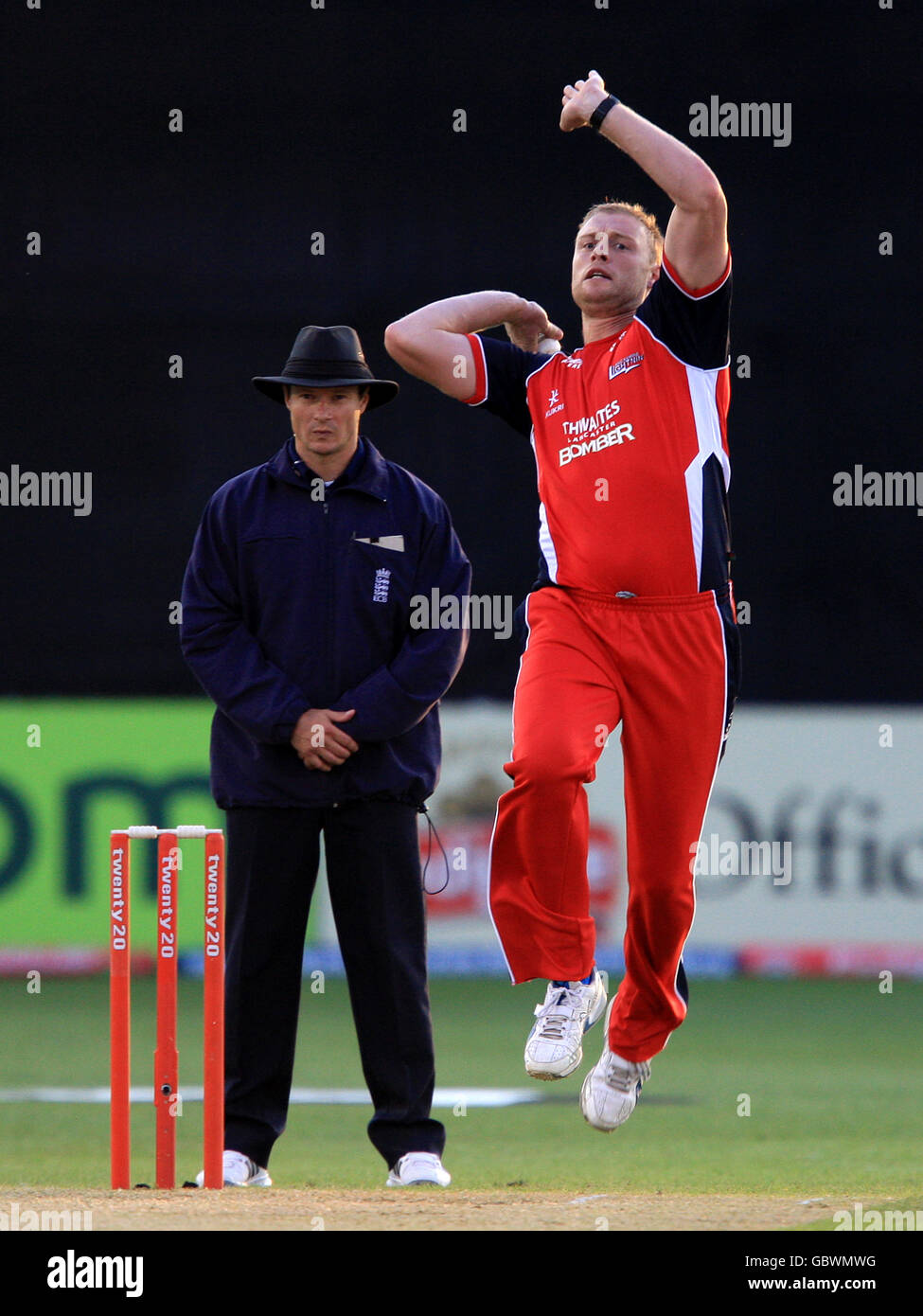 Match umpire Richard Kettleborough (left) looks on as Lancashire ...