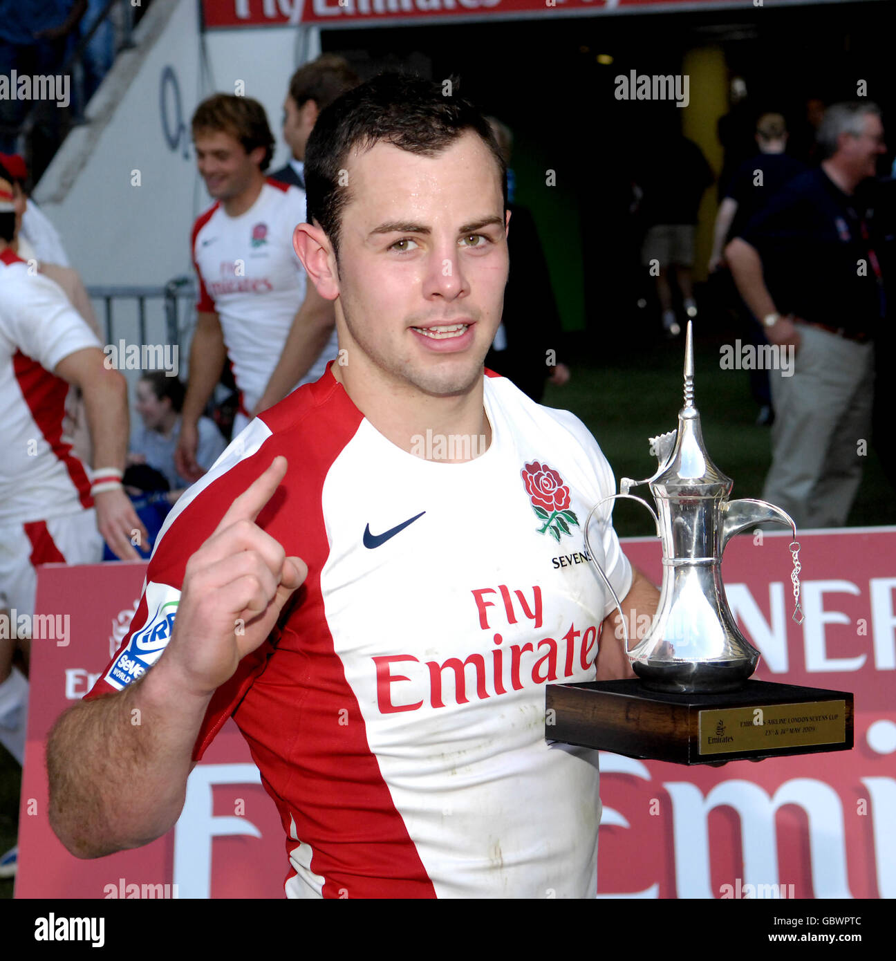 Englands micky young celebrates with the emirates sevens trophy hi-res ...