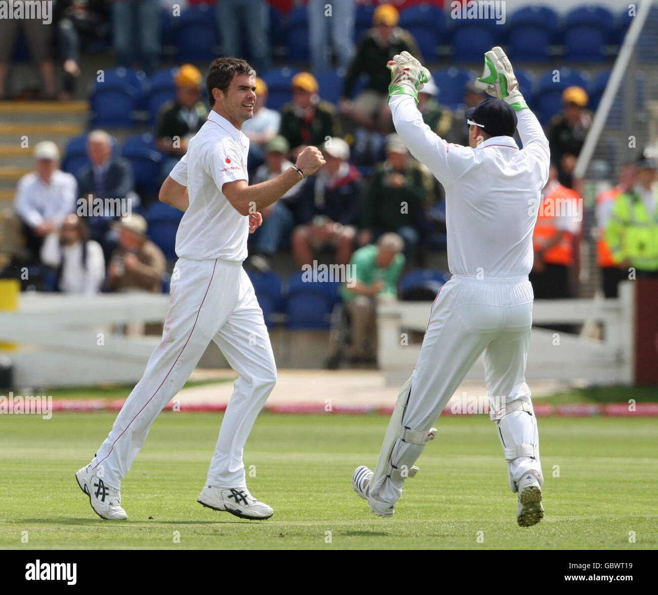 England bowler James Anderson celebrates with Matthew Prior after ...
