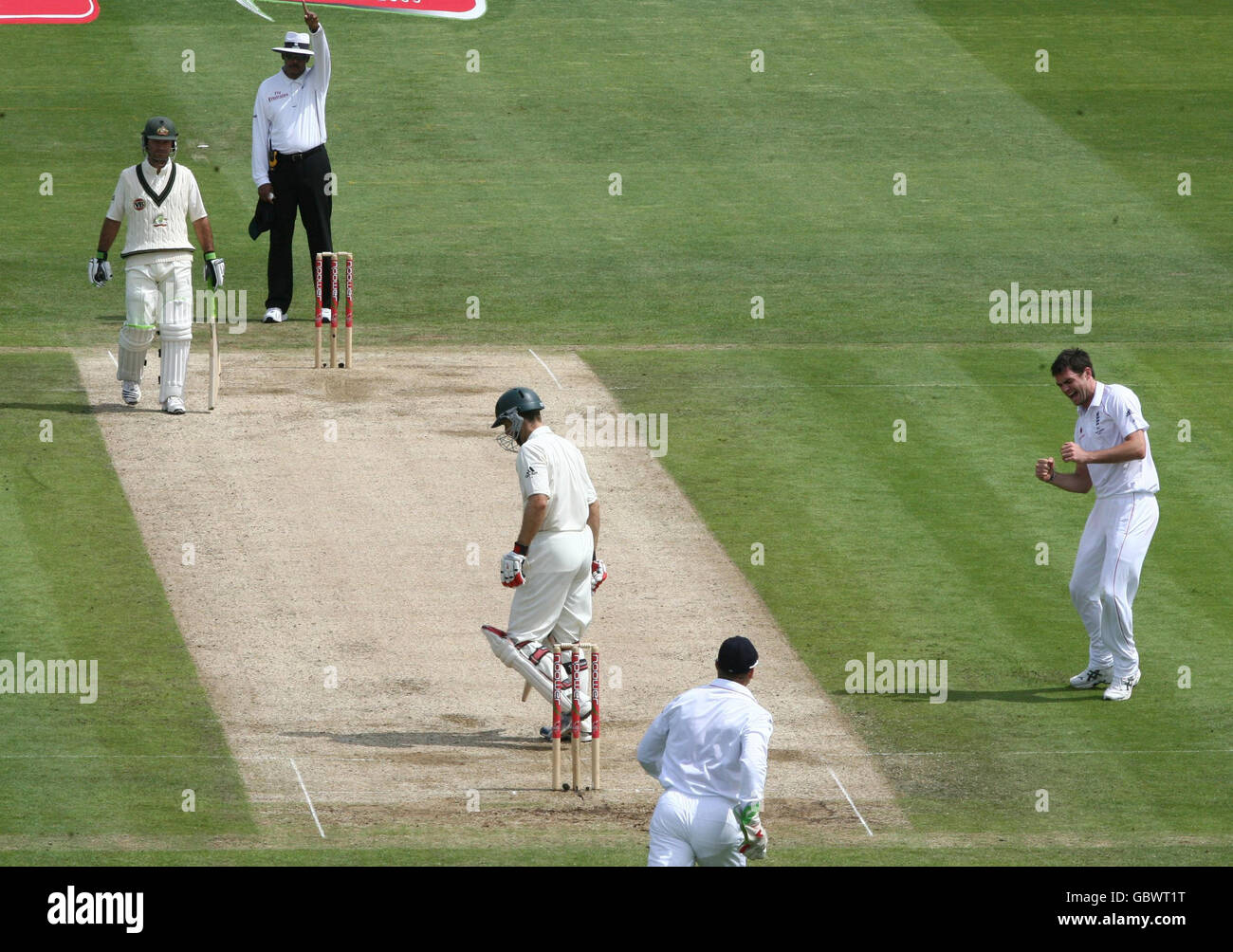 England bowler James Anderson celebrates after trapping Australia's ...