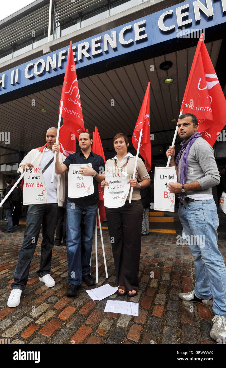 A group of protesters stand outside the BA Annual General Meeting at ...