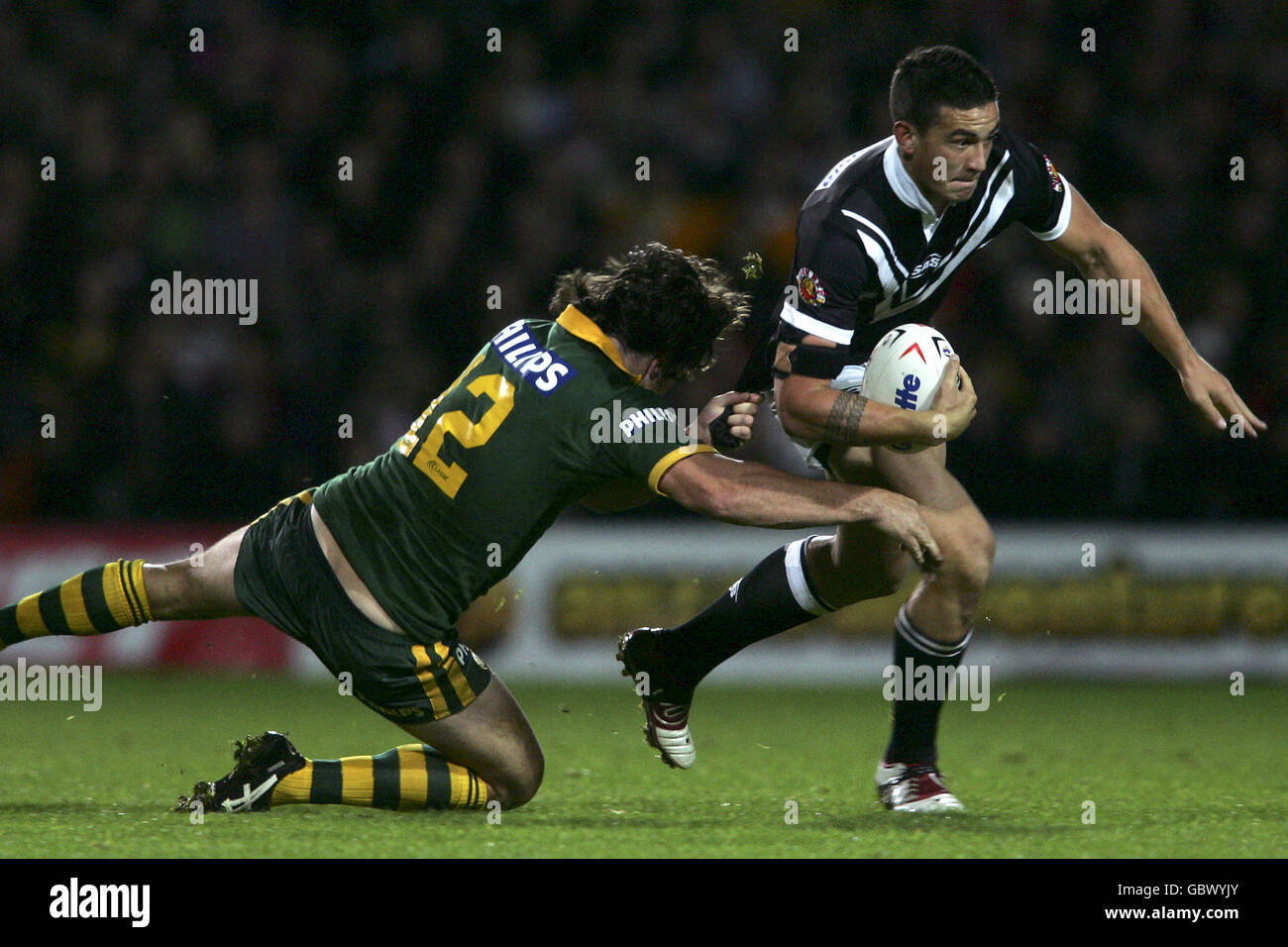 Australia's Nathan Hindmarsh tackles New Zealand's Sonny Bill Williams ...