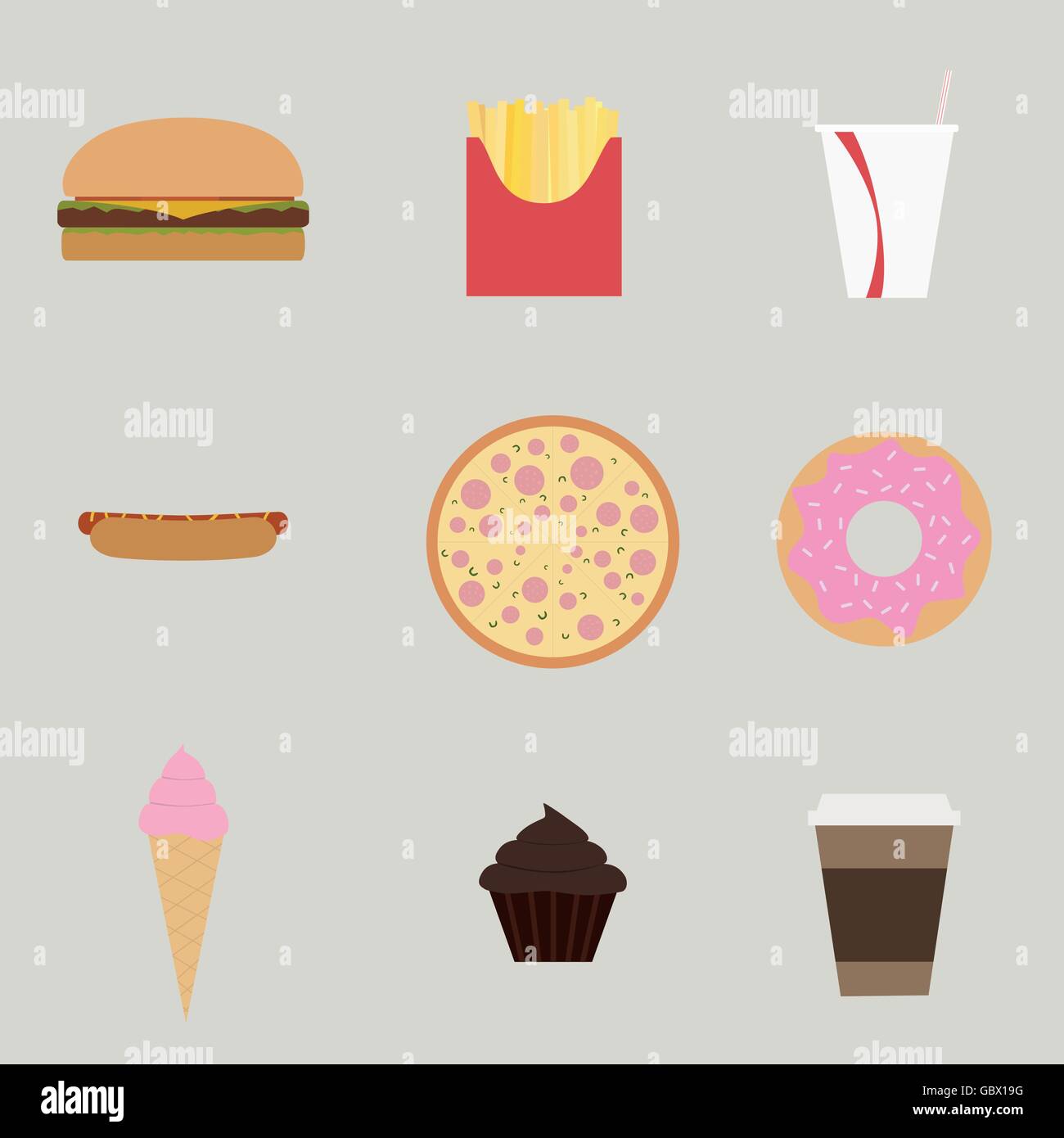Fast Food set, hamburger, french fries, soda, hotdog, pizza, donut, ice ...
