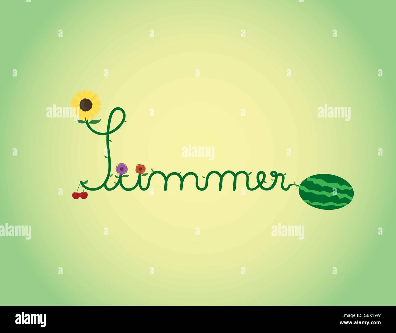 Summer handwriting with sunflower, wild flowers, cherries, watermelon ...