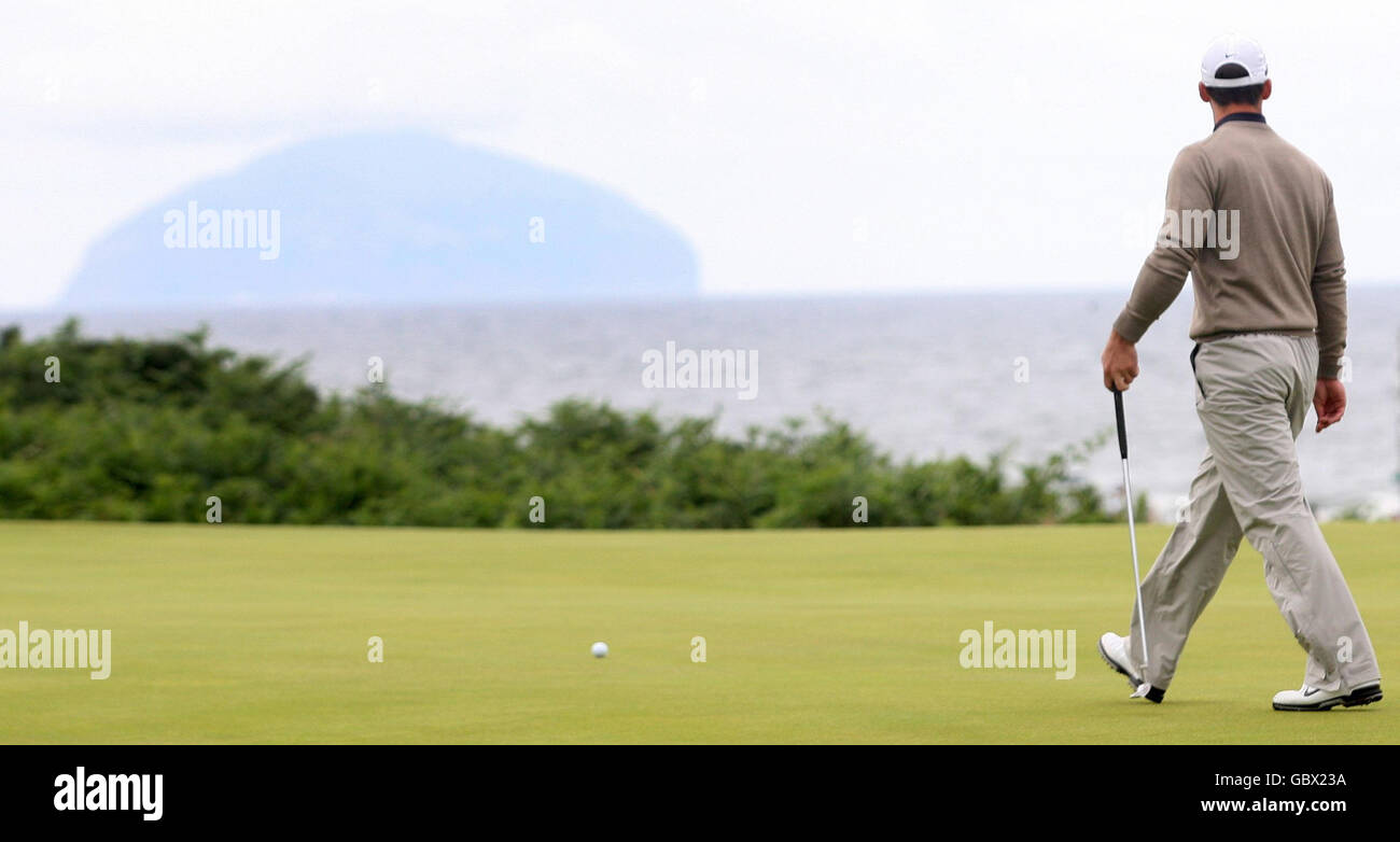England's Paul Casey with Ailsa Craig Island in the background during ...