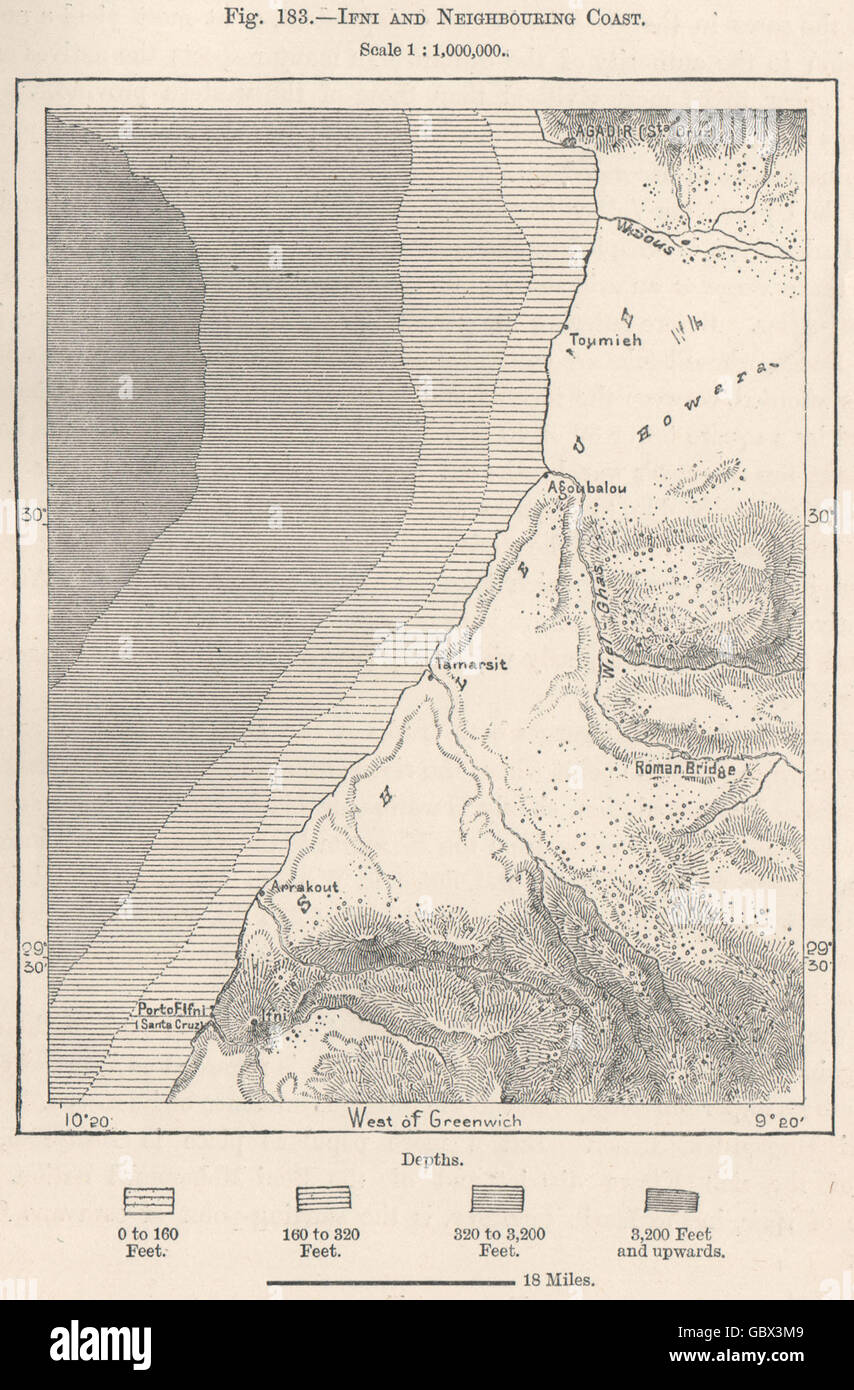 Sidi Ifni, Agadir & neighbouring coast. Morocco, 1885 antique map Stock ...