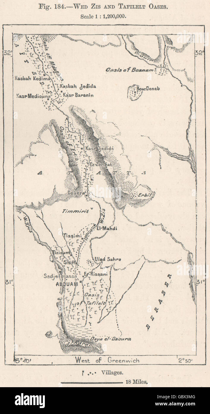 Wed Zis (Oued Ziz) and Tafilelt/Tafilalt Oases. Morocco, 1885 antique ...